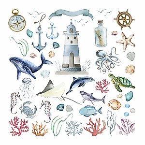 Sea Life Rub on Stickers, 6 x 6 inch Sheet - Dry Rub-On/Off Transfers Stickers for Furniture Scrapbooking Crafts Mixed Media Collage Art