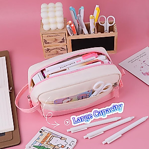 Oyachic Big Capacity Pencil Case Double Zipper Pen Pouch Organizer Storage Cosmetic Makeup Bag with Handle for Adults Women Office (Pink)