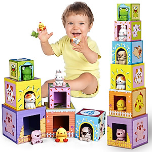 ShyLizard Toddler Farm Animal Sorting and Stacking Toys, Nesting Boxes and Blocks With Finger Puppets - Gifts for 1-3 Year Olds