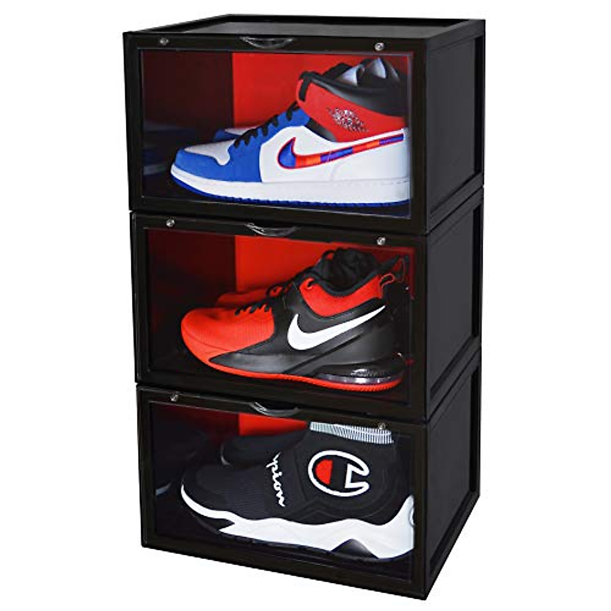ShoeBaks 3 Pack Shoe Display Case Stackable Shoe Box and Storage Container Organizer for Shoes Sneakers and Boots Clear Transparent Magnetic Door Black and Red