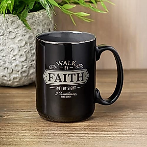 Christian Art Gifts Large Ceramic Bible Verse Coffee & Tea Mug for Men: Walk by Faith - 2 Corinthians 5:7 Inspirational Scripture, Non-toxic & Lead-free Novelty Drinkware, Black/Gray w/Silver, 14 oz.