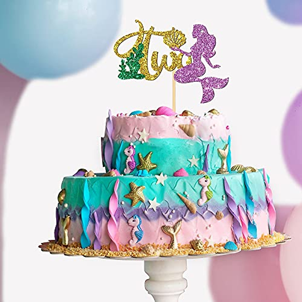 Mermaid Two Happy Birthday Cake Topper with Coral Shell, Under The Sea Theme / Mermaid 2nd Baby Shower Cake Pick, I'm One Sign, Mermaid Princess Birthday / Wedding / Pool Party Supplies