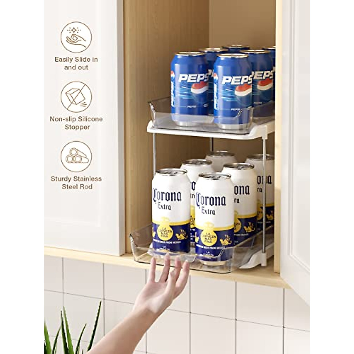 2 Tier Cabinet Organizers and Storage, 2 Pack Slide-Out Stackable Pantry Organization and Storage with Movable Dividers, Multi-Purpose Bathroom Organizer, Kitchen Organization and Storage, Countertop Vanity Medicine Organizer