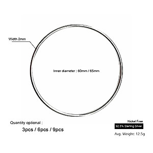 Meilanduo Solid 925 Sterling Silver 2MM Simple Plain Polished Round Circle Bangle Bracelets for Women (6x 60mm round circle bangle)