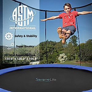 SereneLife ASTM Approved Stable Trampoline Strong with Net Enclosure Outdoor for Teens and Adults – Reinforced, Blue
