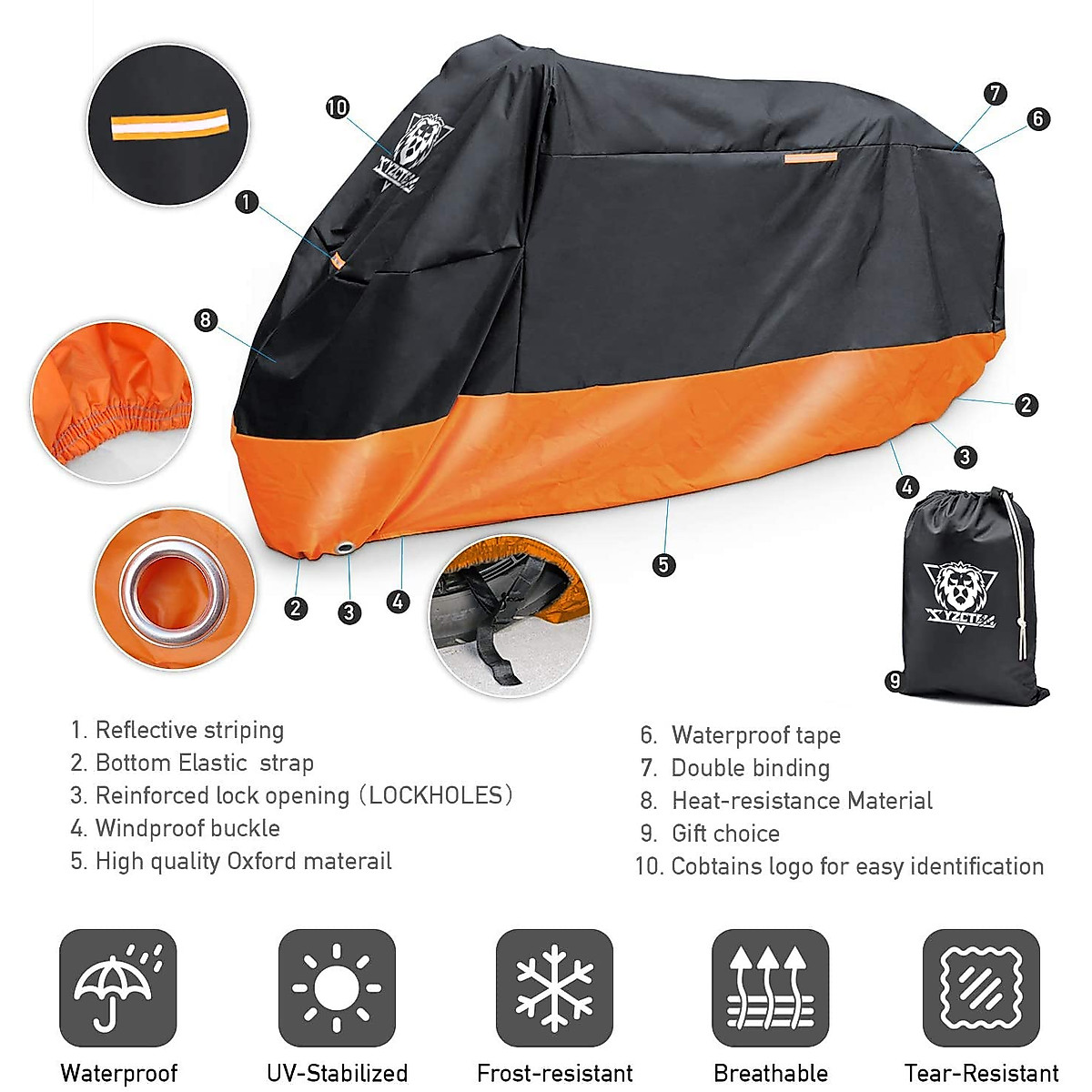 XYZCTEM Motorcycle Cover – All Season Waterproof Outdoor Protection – Precision Fit up to 108 Inch Tour Bikes, Choppers and Cruisers – Protect Against Dust, Debris, Rain and Weather(XXL,Black& Orange)