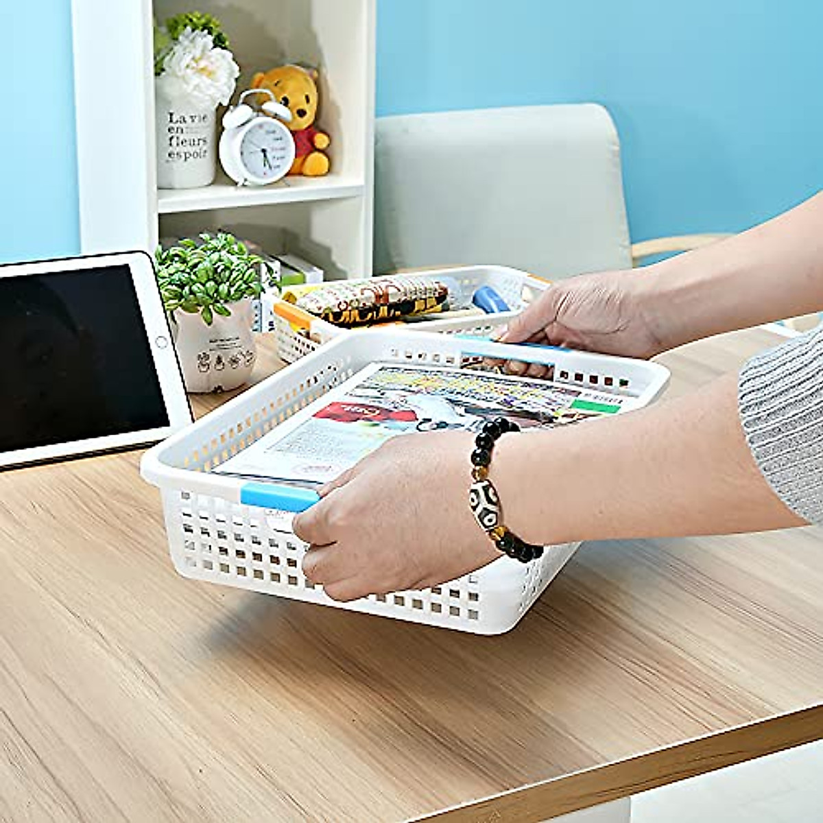 Lawei 8 Pack Large Plastic Sorage Basket with Handle - 15 x 10 x 3 Inch Pantry Organizer Basket Bins Desktop Paper Storage Basket for Organization, Countertops, Cabinets, Bedrooms, Bathrooms