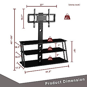 Tansole Swivel Floor TV Stand Height Adjustable Bracket Entertainment Stand for 32 to 65 Flat or Curved Screen Multi-Function TV Stand | 3-Tier BlackTempered Glass Multi-Function TV Stand