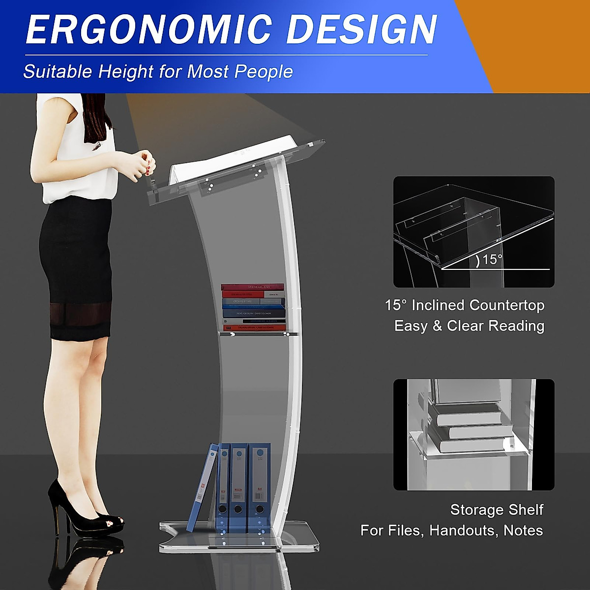 Slanted Podium Lectern Conference Pulpit Acrylic Podium Clear Transparent Church Lectern Pulpit Office Stand up Floor-Standing Podium Lectern (Type 3)