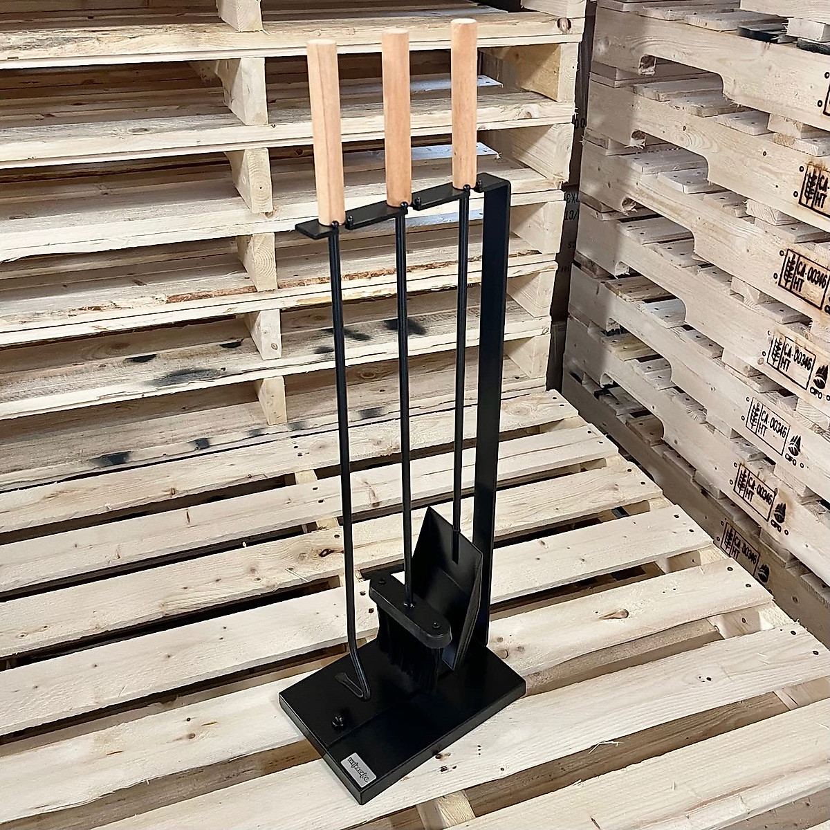 TheRackCo. - Fireplace Tools Set with Metal Base and Wood Handle, Broom, Shovel and Poker