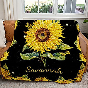 Toyshea Personalized Sunflower Blanket Name and Initial Letter Custom Throws Cozy Soft Blankets Fleece Sherpa for Women Girls Mom Daughter Grandma Kids Gift for Mother's Day Birthday Christmas