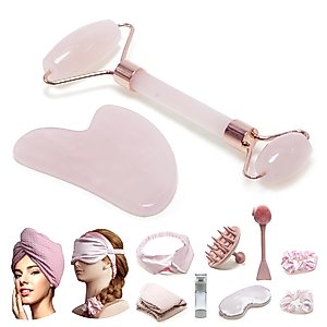 BYANANT 100% Rose Quartz Ornament Pink Jade Roller Massage suits, Anti-Aging Beauty Tools for Slimming，Gua Sha Set Face, Eyes, Neck ,Body Skin Care - Face Women Gift(10PCS) (pink), 10 Piece