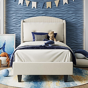 LIKIMIO Twin Size Bed Frame, Velvet Upholstered Twin Bed with Fabric Headboard Modern Wingback Bed Sofa-Style Cushions, No Box Spring Needed, Easy to Assemble, White