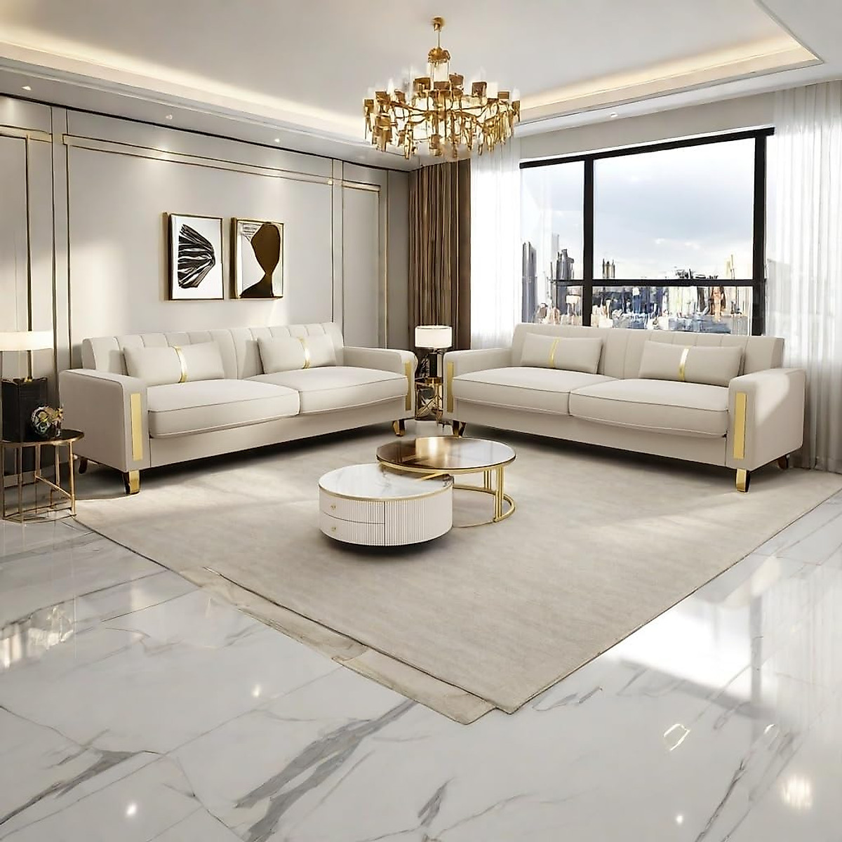 Couch 85.62" 3 Seats Sectional Velvet Fabric Sofa Easy Assemble Sofa Bed with 2 Couch Pillows,Gold Metal Legs for Living Room (P17, 2 PCS Beige)