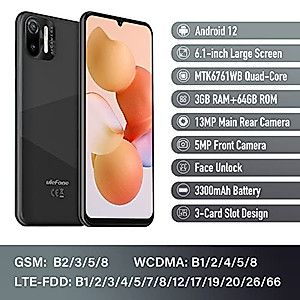 Unlocked Smartphones, Ulefone Note 6T 4G Dual SIM Phone, Android 12 OS 3GB+64GB ROM Cell Phones Unlocked, 6.1" HD+, 13MP+5MP, Triple Card Slots, Face Unlocked, 3300mAh, T-Mobile Unlocked Phone - Black