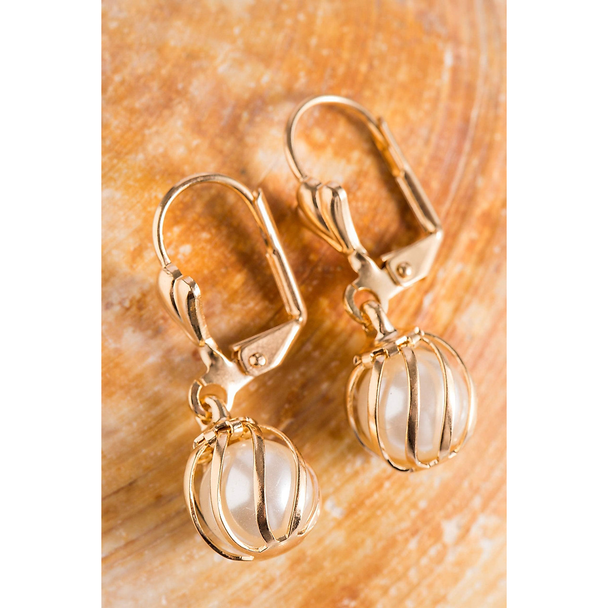 Barzel 18K Gold Plated Pearl Drop Earrings Caged (ER308)