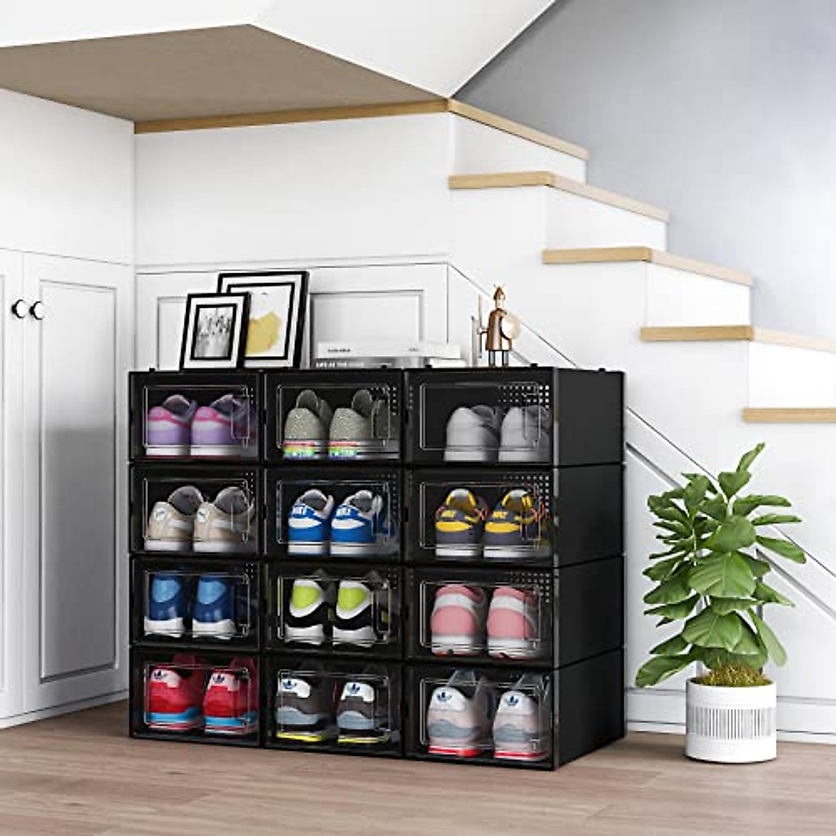 12 Pack Shoe Organizer Boxes, Black Plastic Stackable Shoe Storage Bins For Closet, Space Saving Shoe Holder Sneaker Display Case