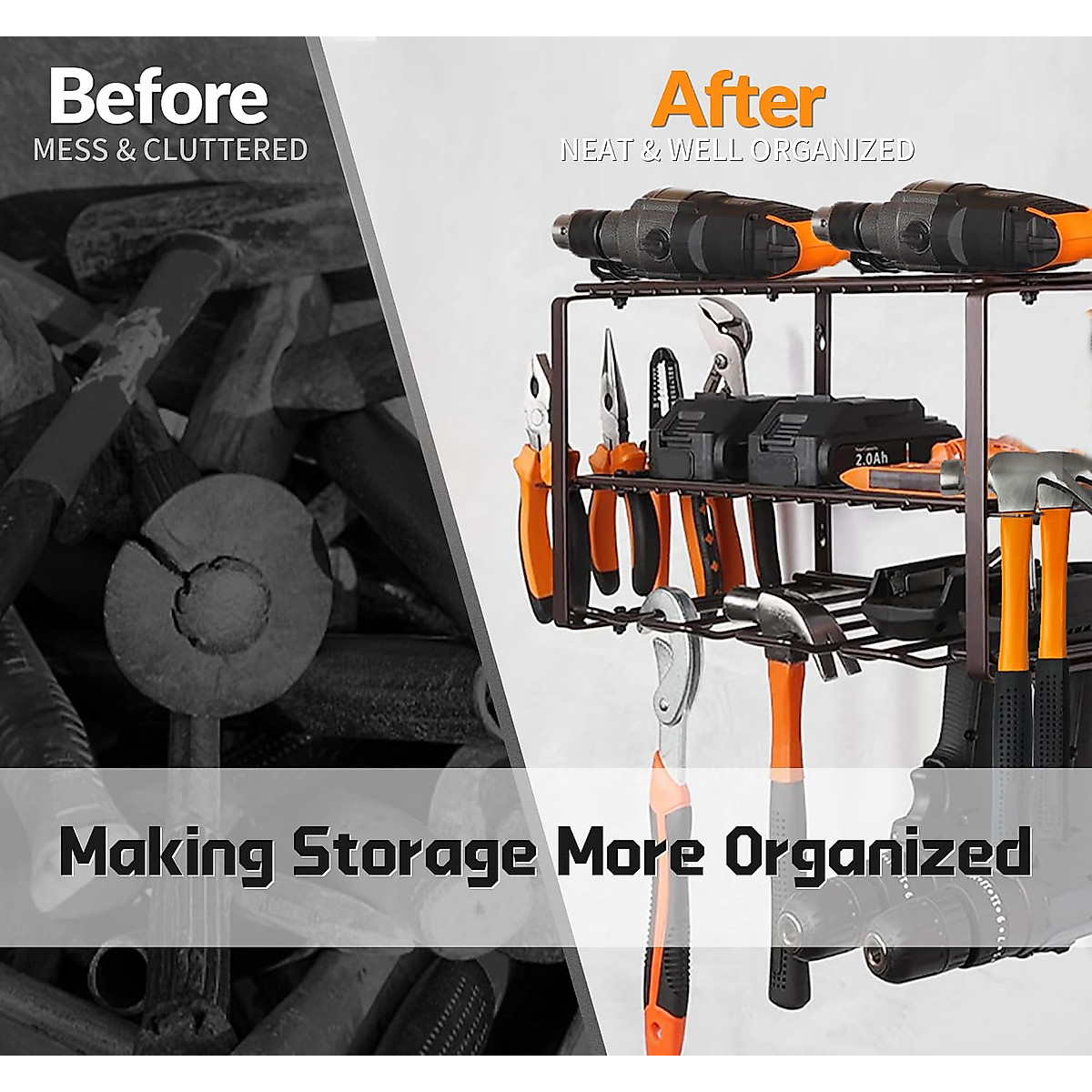 3-Tier Power Tool Organizer, Wall Mount Tool Holder with Charging Station, 4 Drill Holder Heavy Duty Metal Tool Shelf for Tool Storage Garage Workshop Tool Rooms