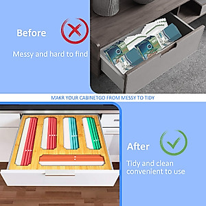 Bamboo Food storage bag organizer, kitchen drawer organizer, Wall Mount bag storage organizer, ziplock bag Storage Compatible with Gallon, Quart, Sandwich & Snack Variety Size Bags 1 Box 5 Slots