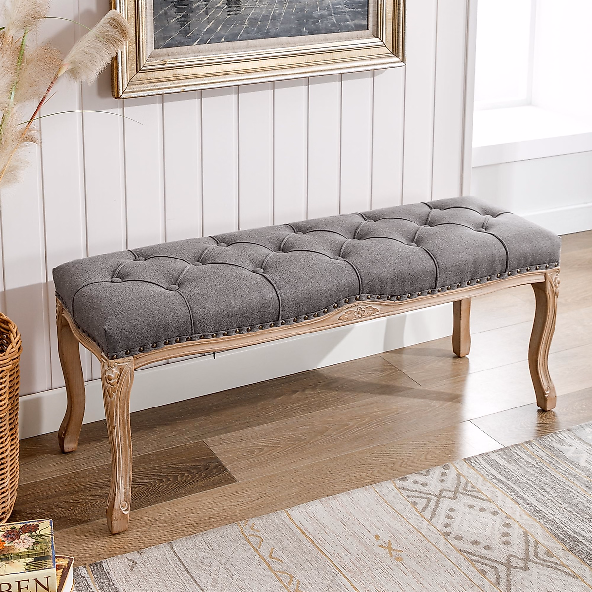 Cozyman Bedroom Bench, French Vintage Tufted Entryway Bench, 45.2" Carving Upholstered End of Bed Bench with Distressed Wood Legs, Linen Ottoman Bench Seat for Living Room, Foyer, Dining Room, Gray