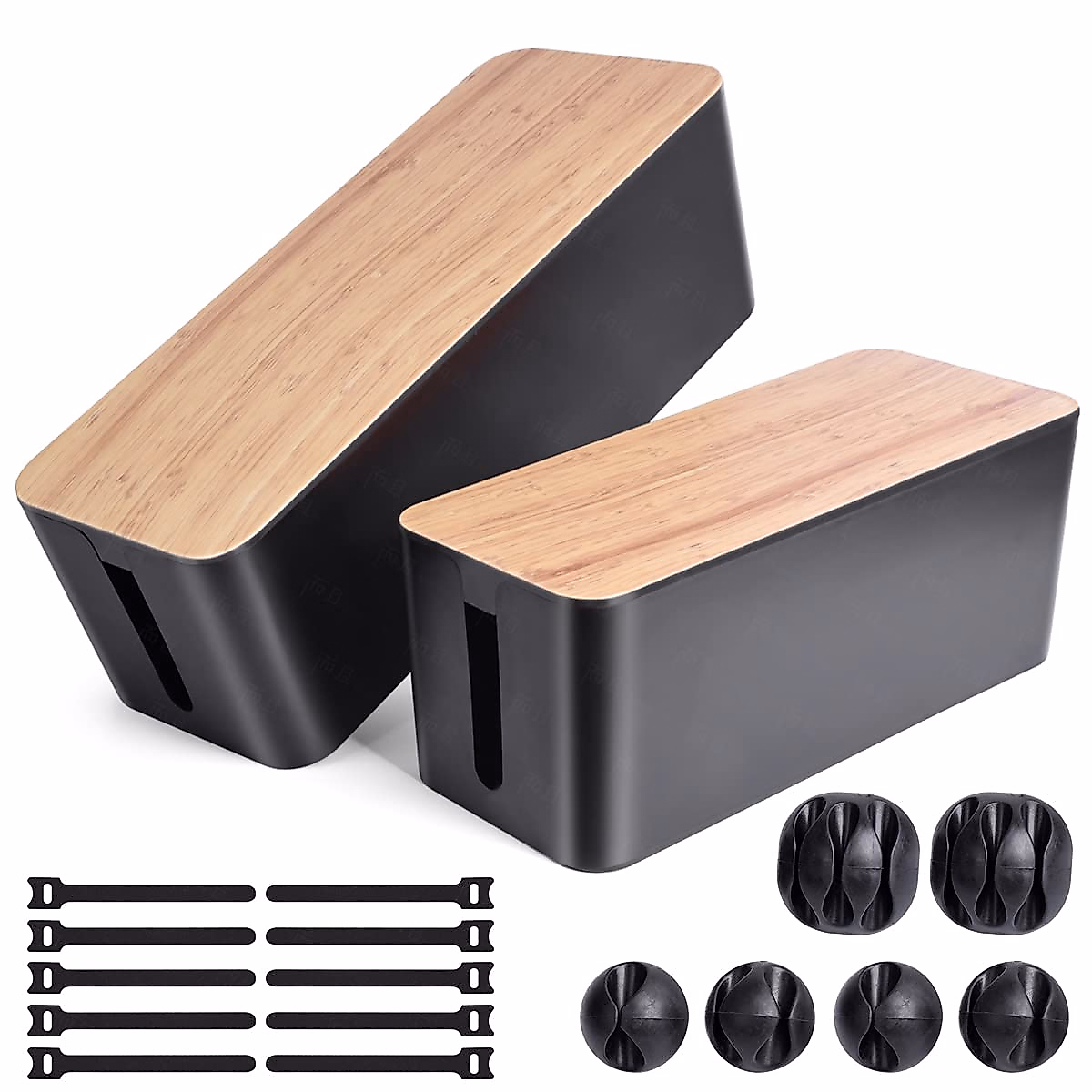 Cable Management Box, 2 Pack Large & Medium Bamboo Style Cable Organizer Box with 17 PCS Cable Management Set, Cord Organizer Box to Hide Surge Protector on Desk or Floor (Black)