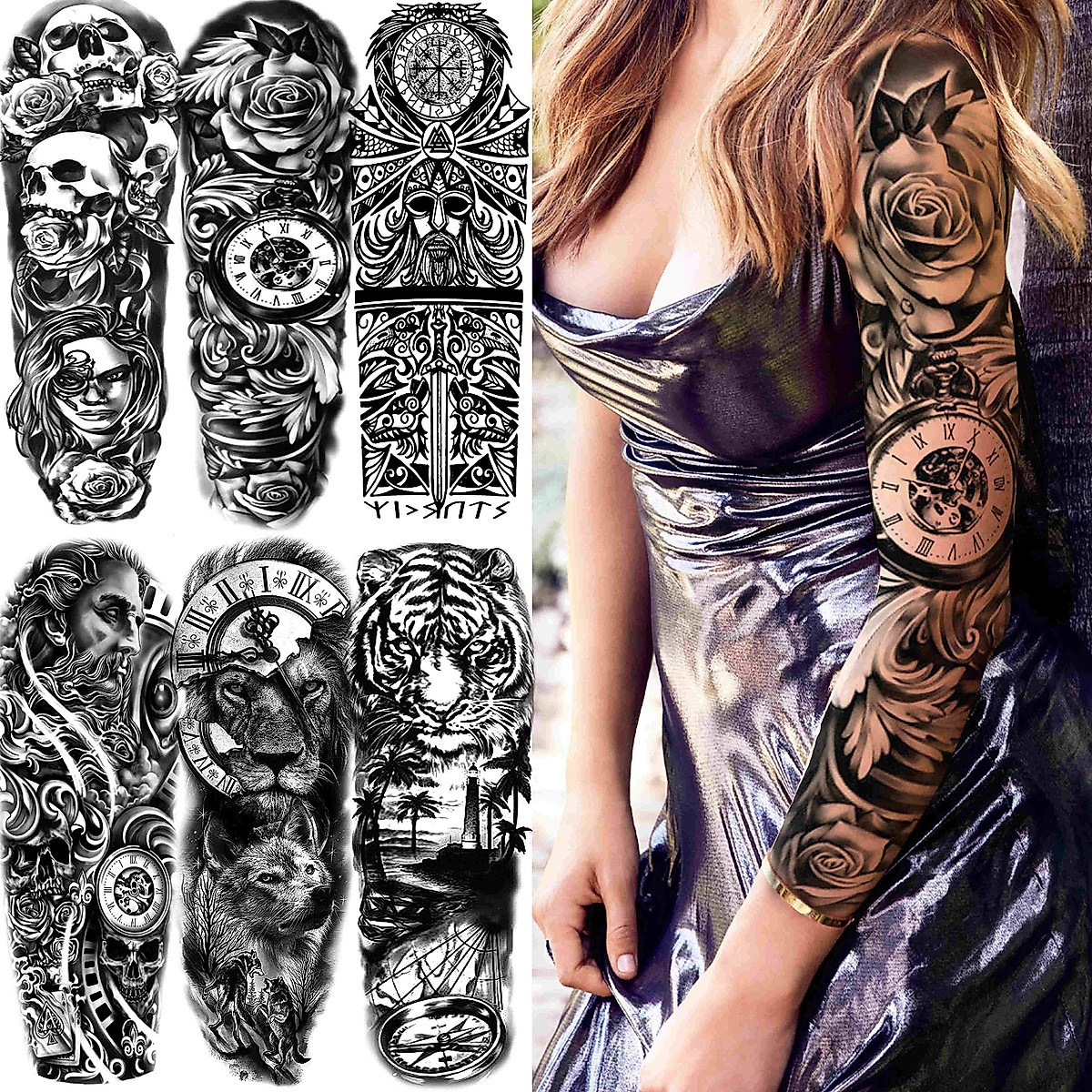 COKTAK 21 Sheets Extra Large Black Temporary Tattoos For Women Adults Greek Myth With 8 Sheets Full Arm Sleeve For Men Maori Warrior Compass and 13 Sheets Fake Large 3D Tatoo Stickers
