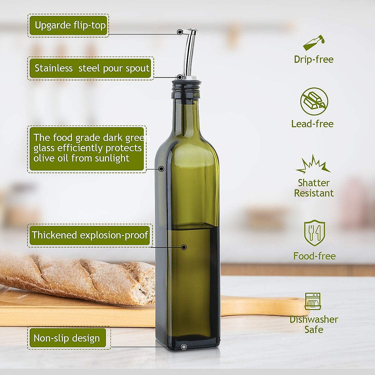 AOZITA 17oz Olive Oil Dispenser Bottle Set with Stainless Steel Holder Rack - 500ml Glass Oil & Vinegar Cruet with No-drip Pourers, Funnel, and Labels - Dark Green & Brown