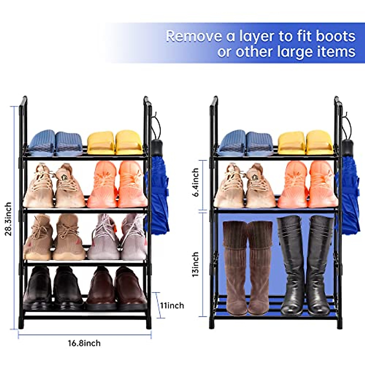 NiHome 4-Tier Shoe Rack, Shoe Racks Storage Organizer Closet with Hooks, Metal Cabinet Stackable Shoe Rack Tower, Space Saving Organizer Shoe Shelf Durable Holds 8 Pairs (Black)