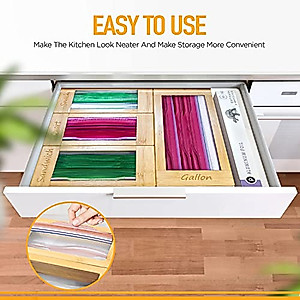 Store-Away Bamboo Ziplock Bag Organizer with Optional Non-Slip Backing - Fits Most Kitchen Drawers & Compatible with Gallon, Quart, Snack, & Sandwich Bags - 4-Pack