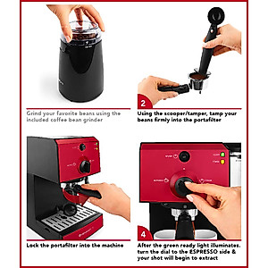 EspressoWorks All-In-One Espresso Machine with Milk Frother 7-Piece Set - Cappuccino Maker Includes Grinder, Frothing Pitcher, Cups, Spoon and Tamper - Coffee Gifts (Red)