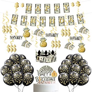 Money Themed Decoration KIT Bill Dollar Signs Birthday Banner Money Cake Topper Balloons Hanging Swirls Crown Set for Birthday Casino Wedding Showers Retirement Anniversary Graduations Party
