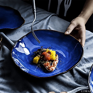 Anvirtue Cat-eye blue ceramic tableware Ocean Waves Deep Blue Plates Glaze Salad Bowl Main Dish Kitchen Supplies (M)