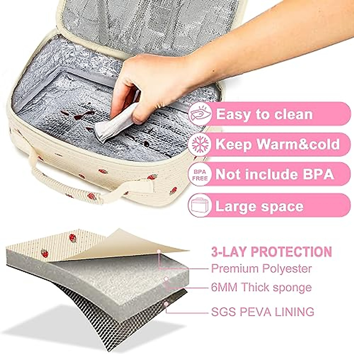 Bluboon Corduroy Insulated Lunch Bag for Girls - Strawberry Beige School Lunch Tote with Cooler Compartment