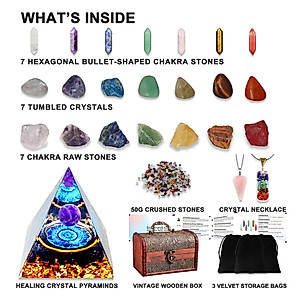 29pcs Healing Crystals Set, Crystals and Healing Stones,7 Raw Chakra Stones,7 Tumbled Stones, 7 Bullet Shaped Chakra Stones, 2 Chakra Necklace, Crystal Pyramid, Crystal Sets for Healing,Crystal Gifts