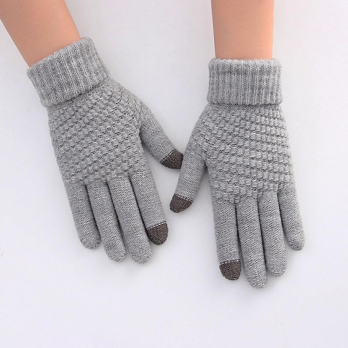 Eseres Grey Gloves Knitted Warm Gloves for Men Women Unisex Touch Screen Fleece Lined Stretchy Mittens Men-Grey
