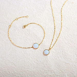 AGVANA 14K Solid Real Yellow Gold Opal Necklace for Women Round Disc Coin Pendant Necklace Fine Jewelry Birthday Gifts for Women Mom Grandma Wife Daughter Her