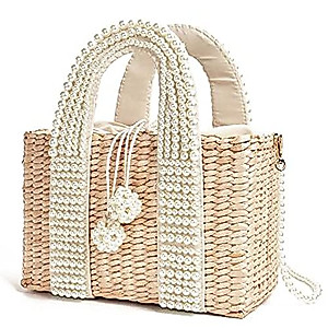 OWLEEN New Women's Bag with Pearl Ladies Tote Handbags Handmade Straw Basket Messenger Bag for Vacation Life, Creamy-white