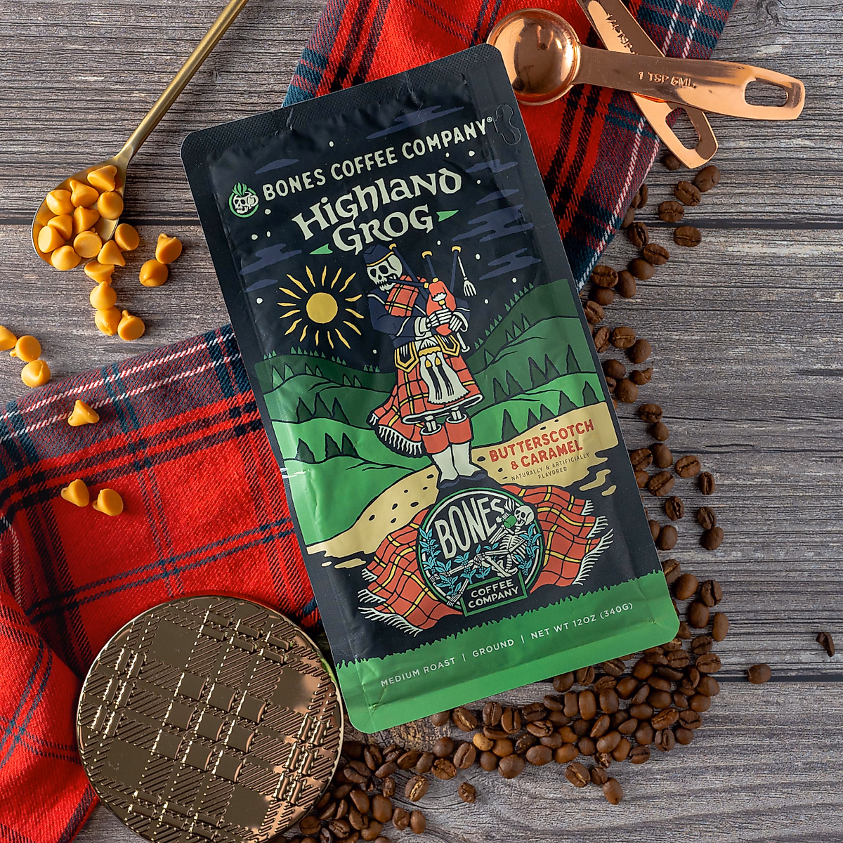 Bones Coffee Company Highland Grog Flavored Ground Coffee Beans Butterscotch Caramel Flavor | 12 oz Medium Roast Arabica Low Acid Coffee | Gourmet Coffee (Ground)
