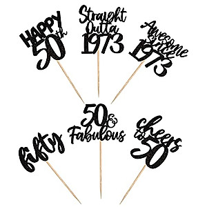 24 PCS Happy 50th Birthday Cupcake Toppers Glitter Fifty Cheers to 50 Straight Outta 1973 Cupcake Picks 50 Fabulous Awesome Since 1973 Cake Decorations 50th Birthday Anniversary Party Supplies Black