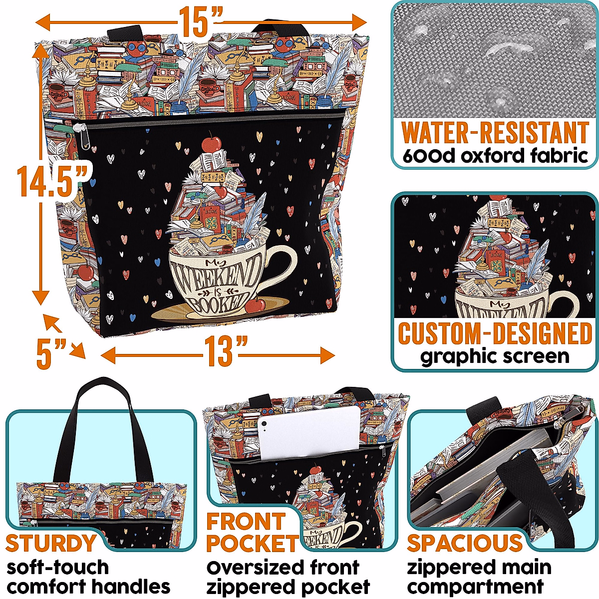 84hoods Aesthetic Waterproof Tote Bag. Gift for Book Lovers and Librarian. Cute Graphic Large Shoulder Bag with Pockets and Zipper for Work. 15 inch Grocery Bag. Weekend Booked.