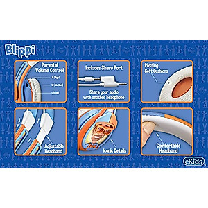 eKids Blippi Headphones for Kids, Wired Headphones for School, Home or Travel, Tangle Free Stereo Headphones with Parental Volume Control, Connect via 3.5mm Jack