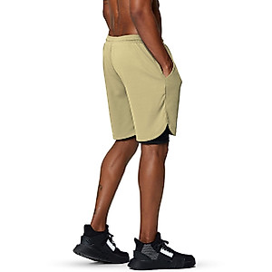Pinkbomb Men's 2 in 1 Running Shorts Gym Workout Quick Dry Mens Shorts with Phone Pocket (Khaki, Medium