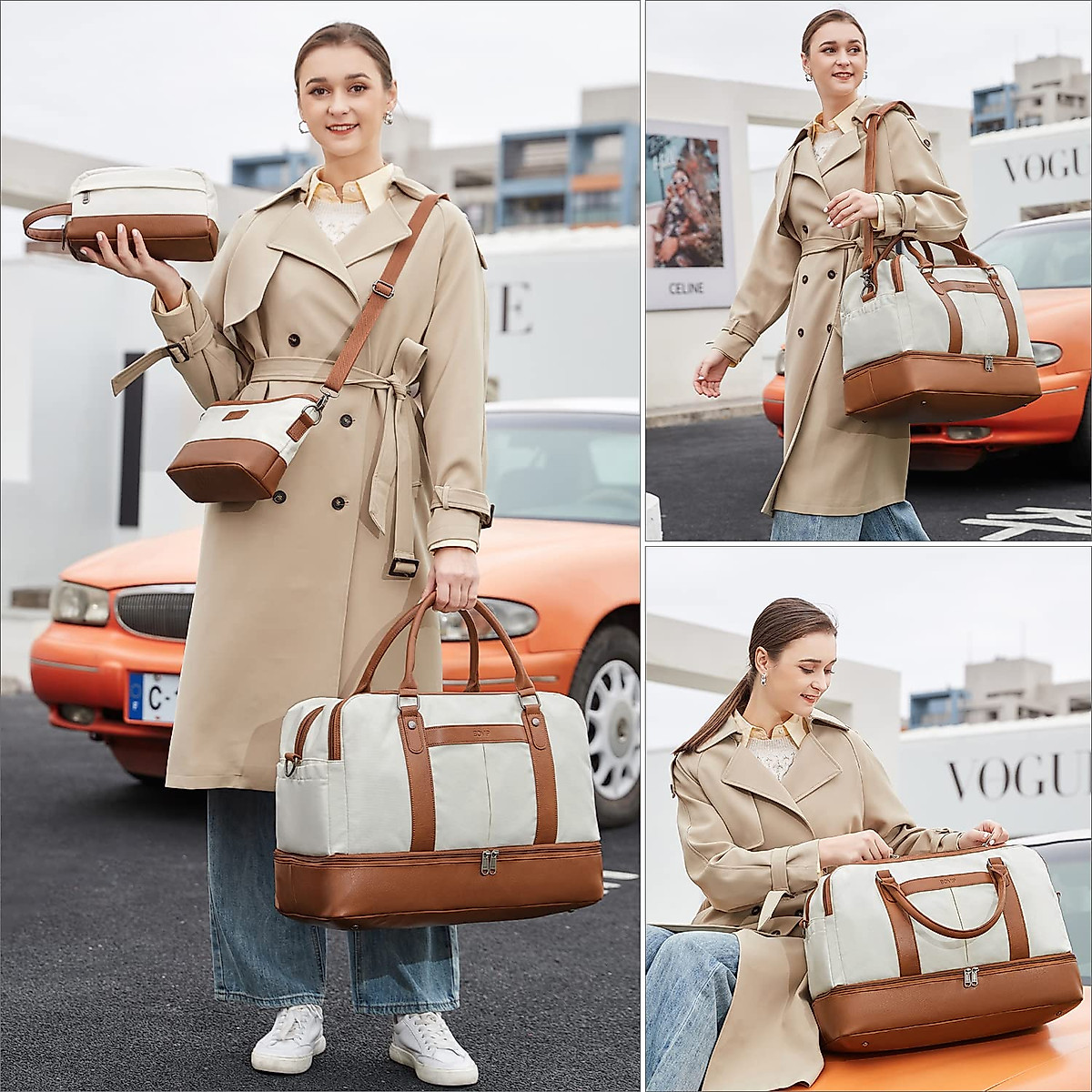 BOVIP Weekender Bag Overnight Bag Large Canvas Travel Bag Duffel Bag with Shoe Compartment Carry On Tote for Women 3-IN-1 Beige Set