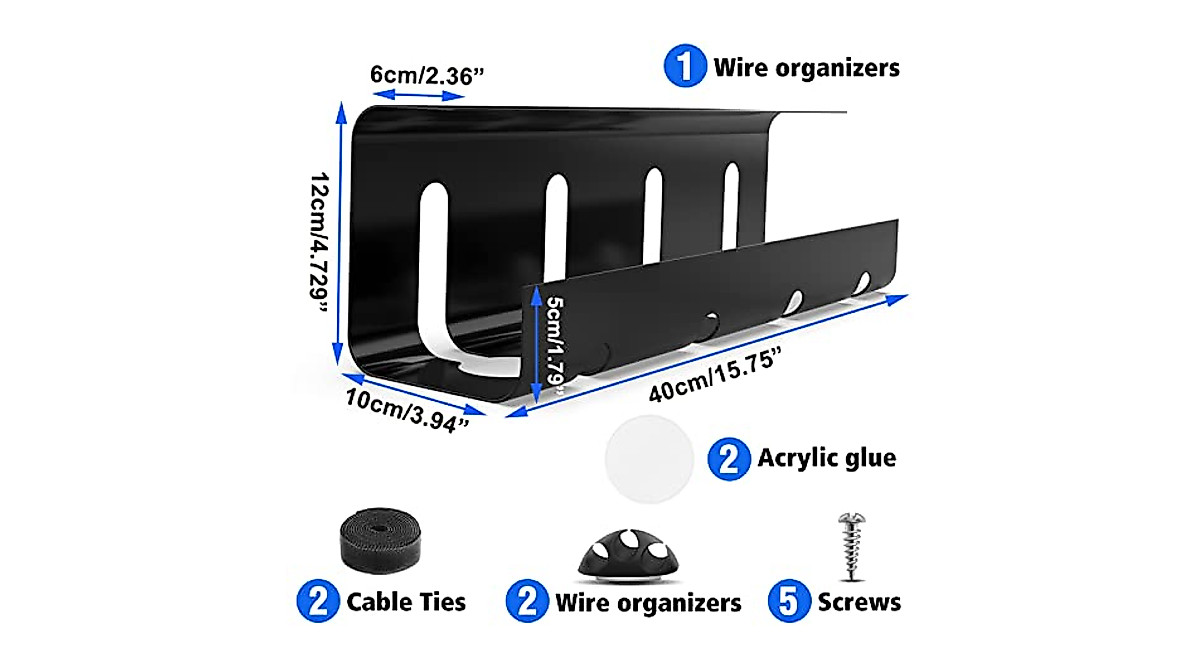 Under Desk Cable Management Tray - No Drill Steel Cable Organizer 2 Pack