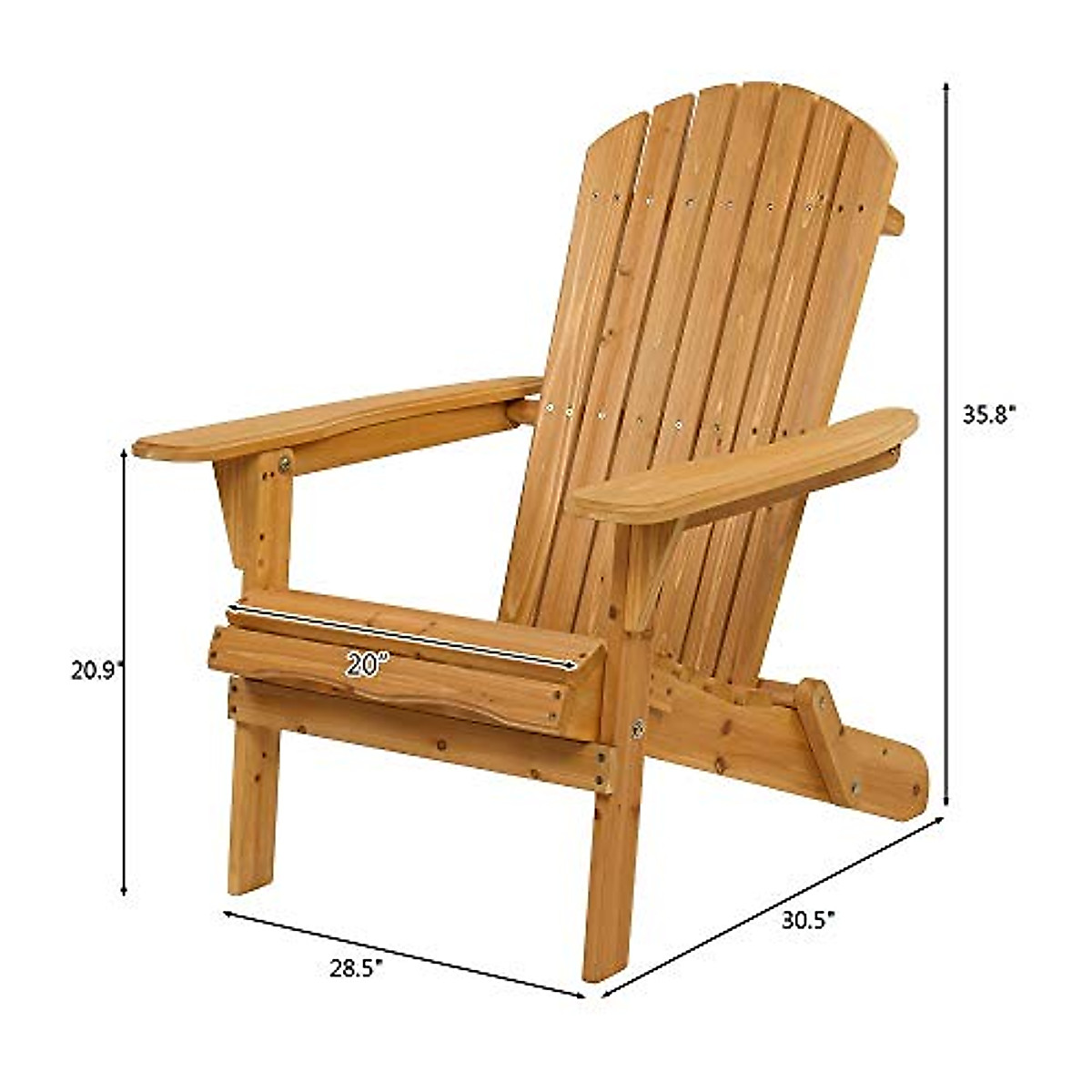 VINGLI Wooden Adirondack Chair 350 LBs Support Ergonomic Design, Folding Outdoor Patio Fire Pit Lounge Armchair Furniture w/Natural Finish, for Beach, Poolside, Balcony