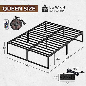 Rolanstar Bed Frame with USB Charging Station, Queen Bed Frame with LED Lights, Platform Bed Frame with Heavy Duty Steel Slats, 14" Storage Space Beneath Bed