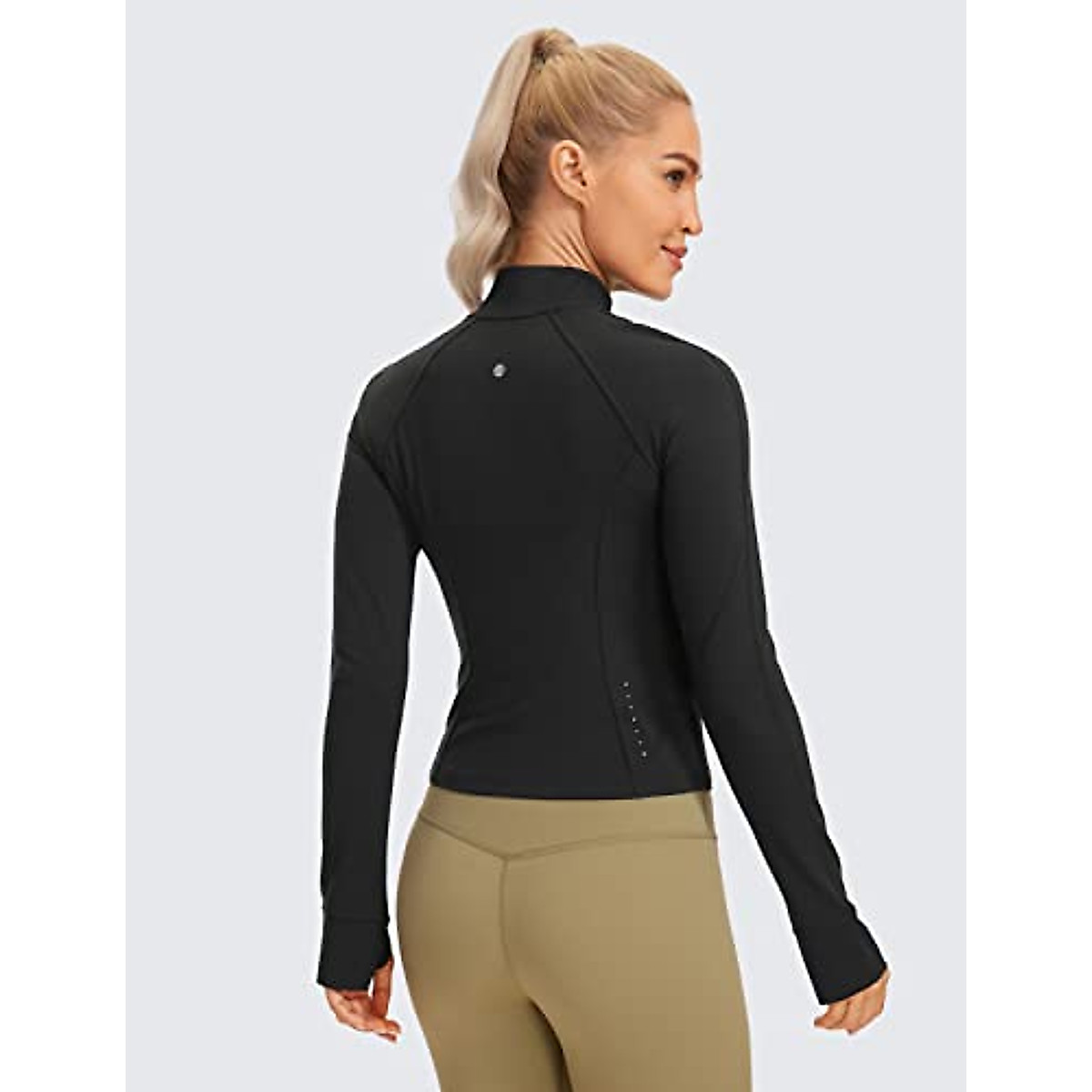 CRZ YOGA Butterluxe Womens Cropped Slim Fit Workout Jackets - Weightless Track Athletic Full Zip Jacket with Thumb Holes Black Medium