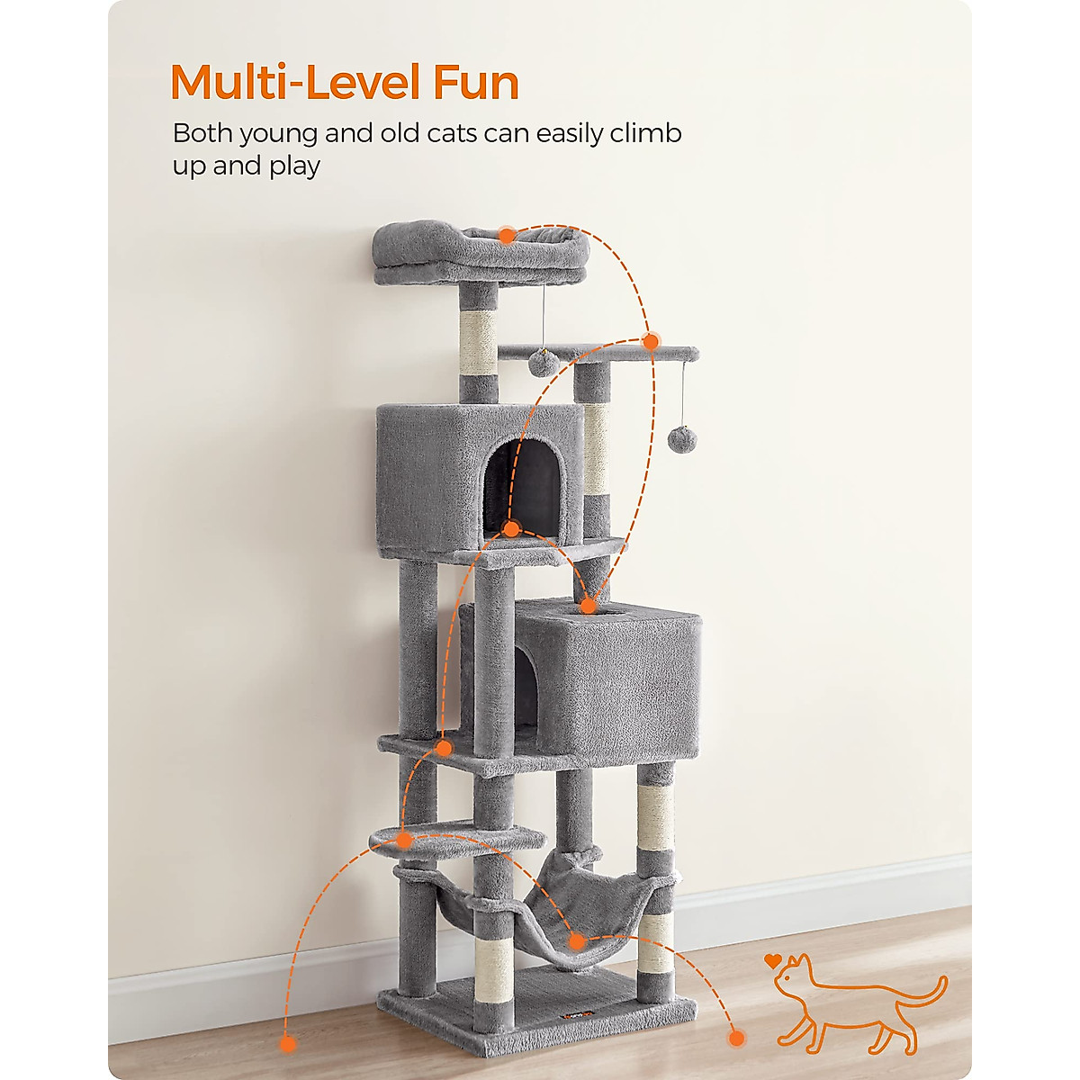 Feandrea Cat Tree, 61-Inch Cat Tower for Indoor Cats, Plush Multi-Level Cat Condo with 5 Scratching Posts, 2 Perches, 2 Caves, Hammock, 2 Pompoms, Light Gray UPCT192W01
