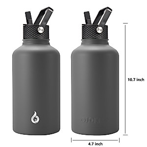 BJPKPK Half Gallon Insulated Water Bottles with Straw Lid,64oz Large Water Bottle,Stainless Steel Water Bottles with 3 Lids and Paracord Handle, Water Bottle for Hot & Cold Liquid,Gray