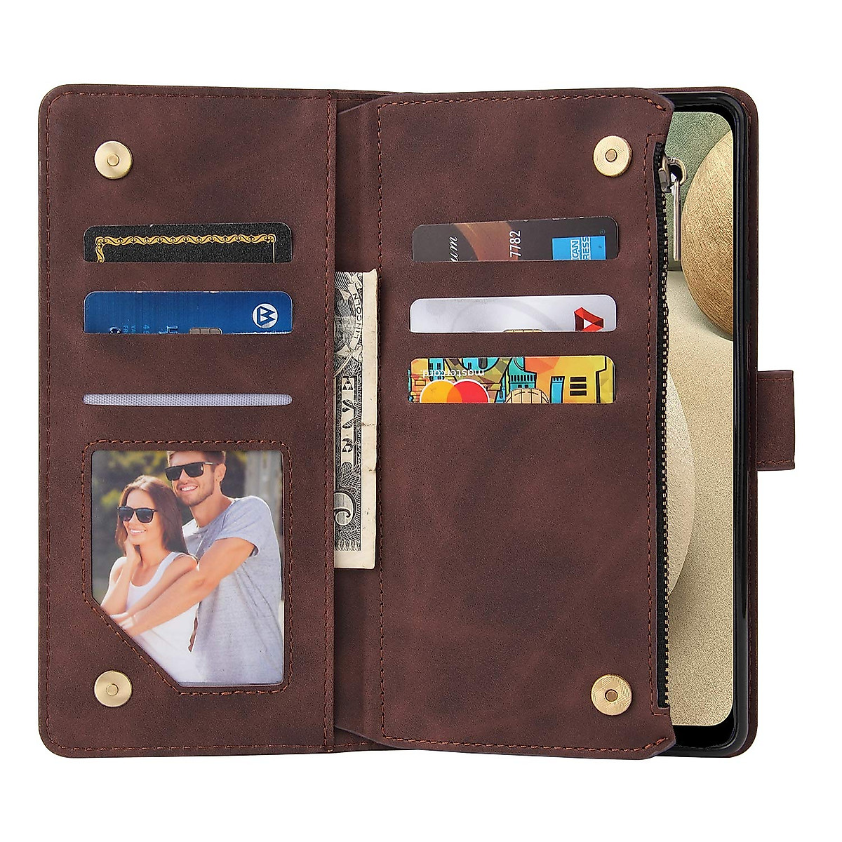 LBYZCASE Phone Case for Galaxy A12,Samsung A12 Wallet Case,Luxury Folio Flip Leather Cover[Zipper Pocket][Wrist Strap][Kickstand] for Samsung Galaxy A12 (Coffee)